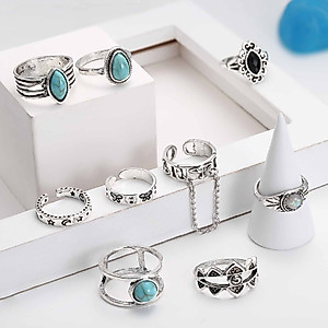 JOERICA 75 Pcs Vintage Turquoise Rings for Women Silver Knuckle Rings Bohemian Oval Gemstone Rings Western Rings Stackable Joint Finger Rings Midi Stacking Rings Set