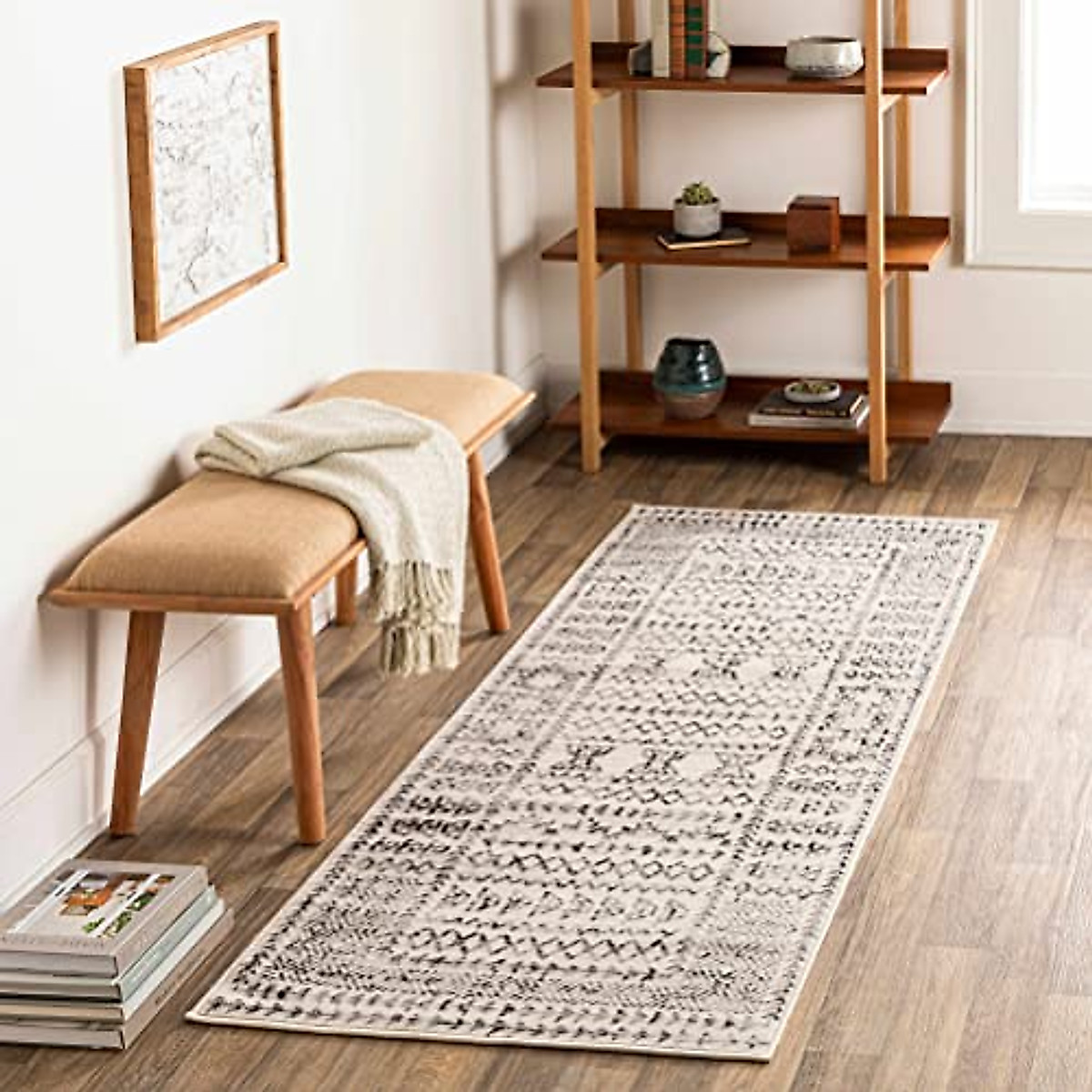 Hauteloom Greig Farmhouse Moroccan Geometric Area Rug - Boho Aztec Tribal Carpet for Living Room, Bedroom, Dining Room - Bordered - Off White, Black, Grey - 7'10" Round Rug