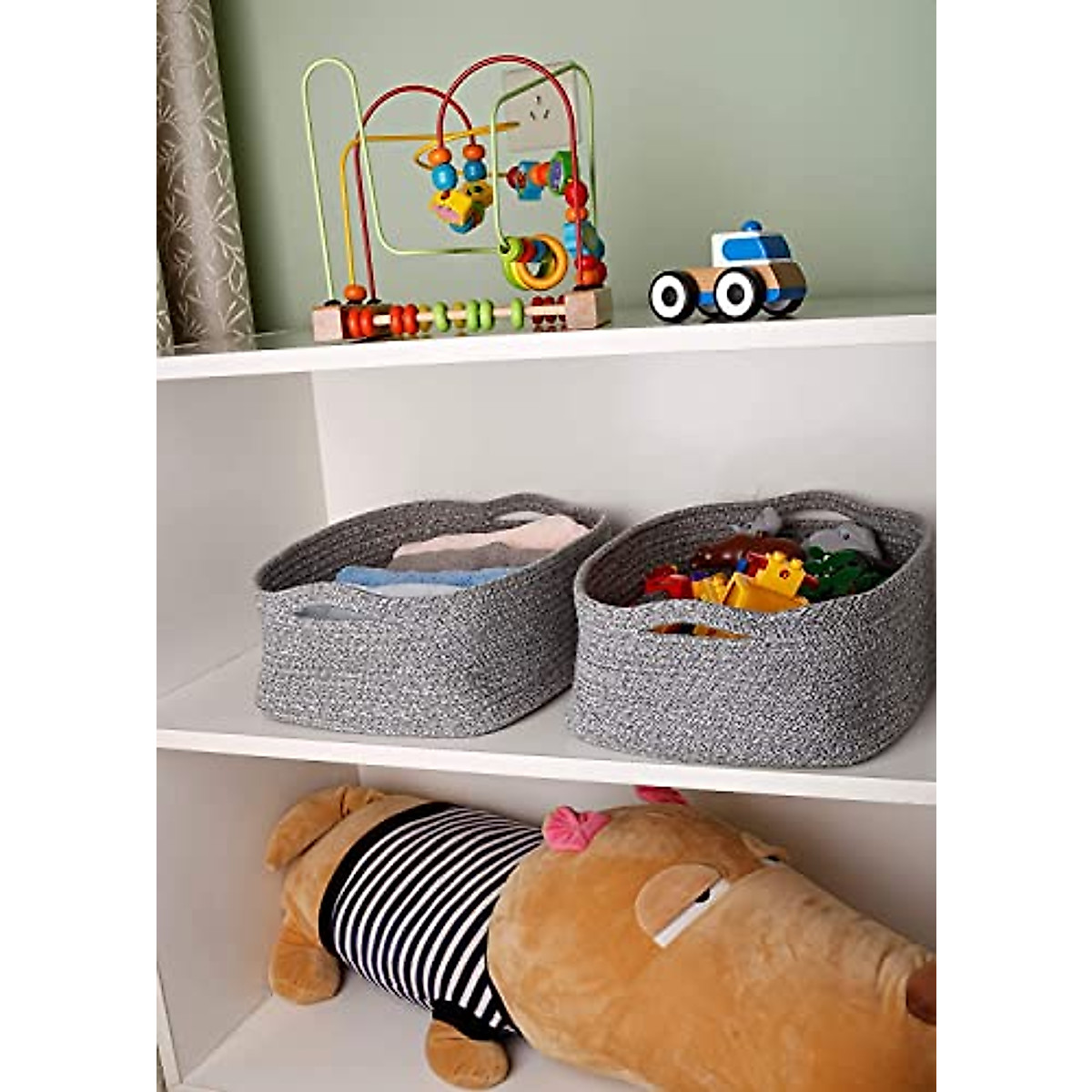 Woven Cotton Rope Storage Basket, Cube Changing Table Organizer for Closet Towels, Baby Nursery Bin, Small Dog Cat Toy Box, Gift Baskets empty (14.5"x 11"x 5") by CIKI HOME