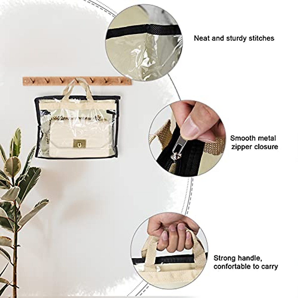 10Pcs Clear Handbag Storage Organizer Dust Cover Bags, LASZOLA 5 Sizes Transparent Purse Protector Storage Bag with Zipper and Handle for closet shelf - Dustproof & Moistureproof (Black+ Beige)