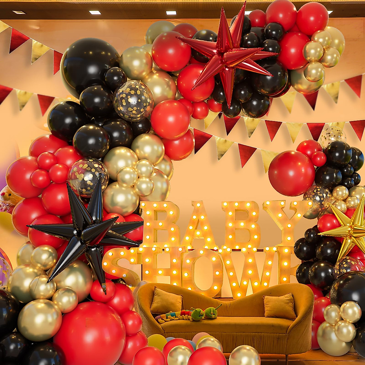 Bonropin 161pcs Red Black and Gold Balloons Garland Arch Kit with 5/10/12/18in Red Black Gold Balloons Explosion Star Balloons for 2024 Graduation Anniversary Casino Wedding Birthday Party Decorations