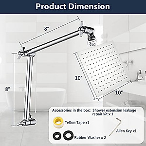 PDPBath 10" Rain Shower Head with 16" Adjustable Height&Distance Extension Arm, 304 Stainless Steel High Pressure Rainfall Showerhead, All Metal Square Waterfall Showerhead with Extender - Chrome