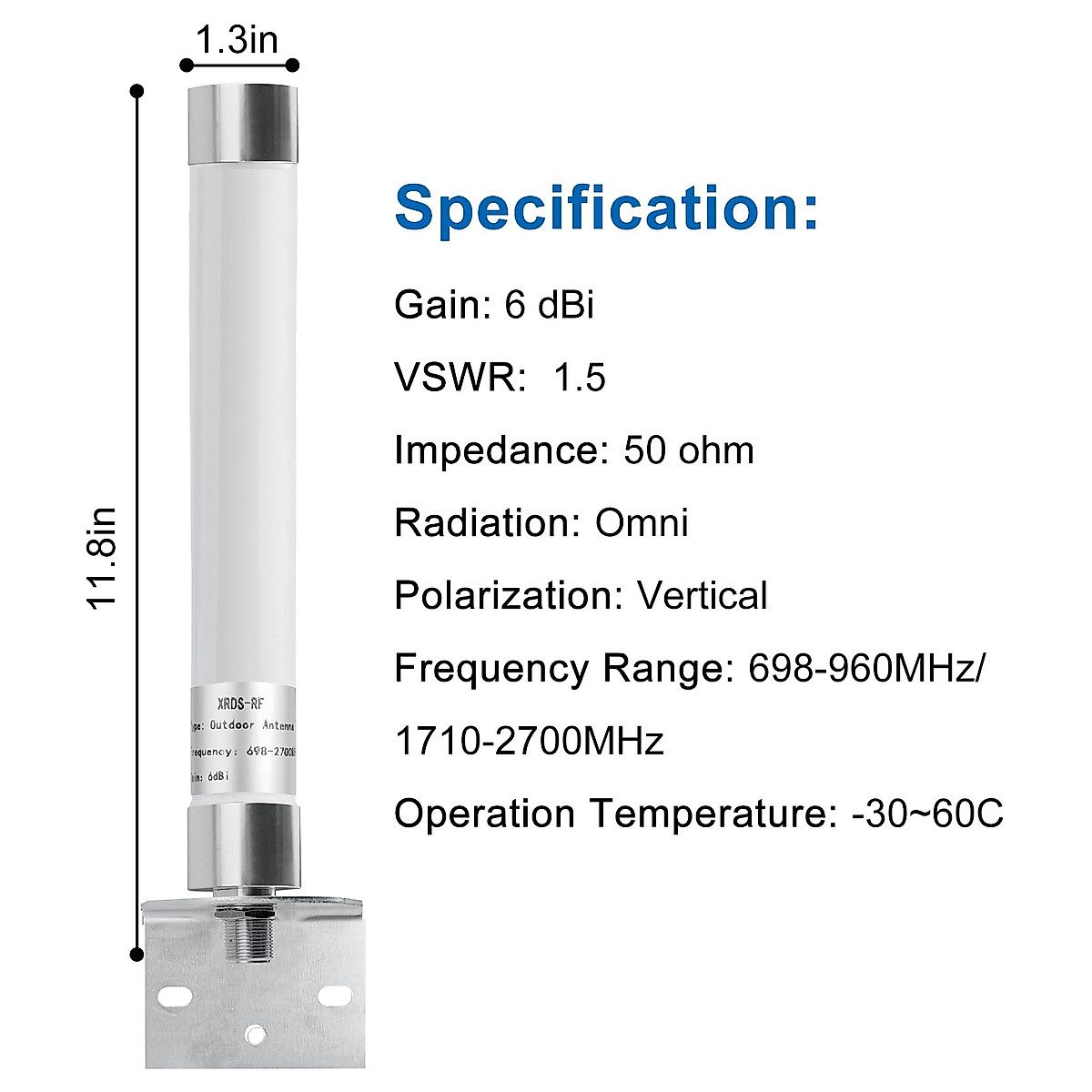 XRDS-RF 4G LTE Antenna 6dBi Omni-Directional Outdoor Fixed Mount Antenna with N Female Connector for Router, Modem, Radio, Signal Amplifier (698-2700MHz)