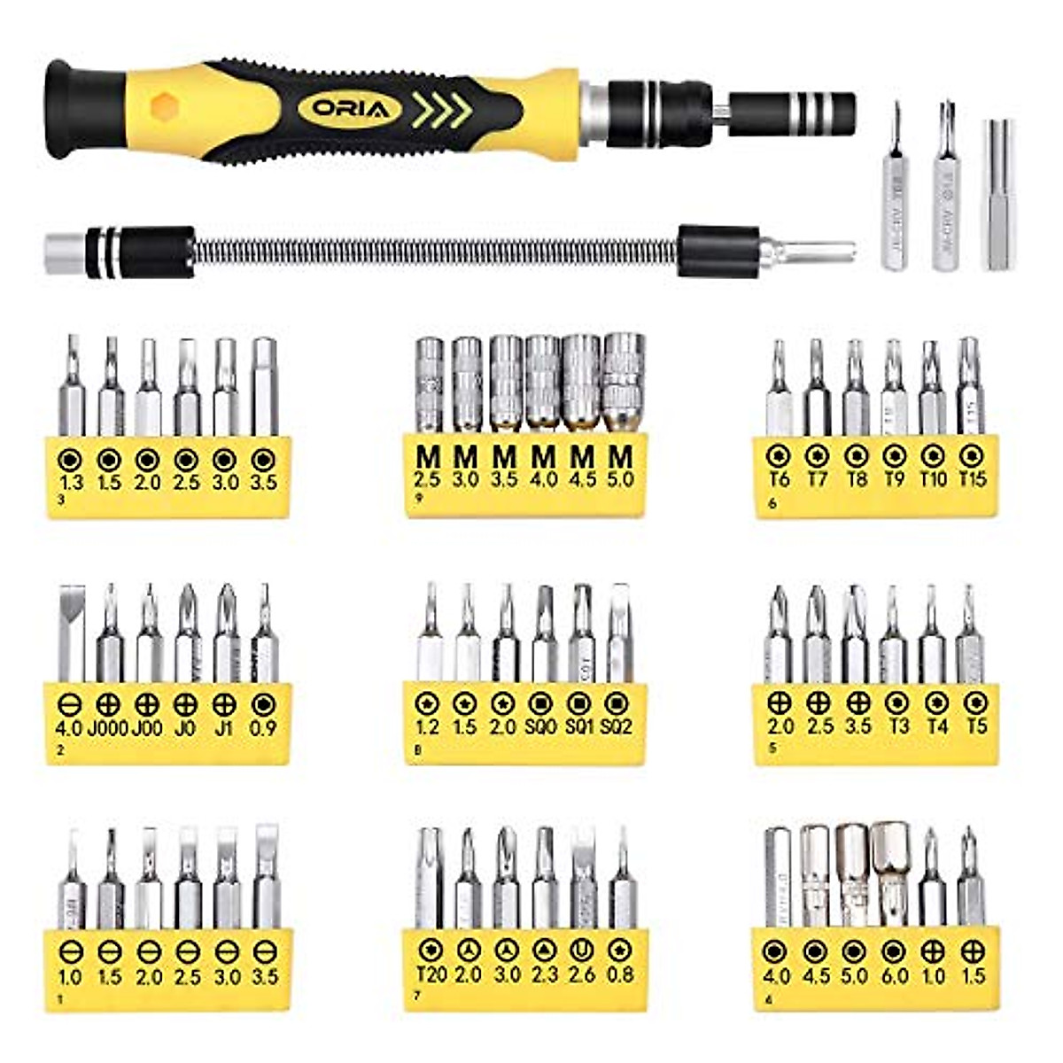 ORIA Precision Screwdriver Kit, 60 in 1 with 56 Bits Screwdriver Set, Magnetic Driver Kit with Flexible Shaft, Extension Rod for Mobile Phone, Smartphone, Game Console, Tablet, PC, Yellow