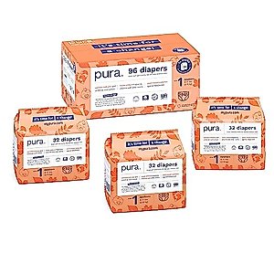 Pura Size 1 Eco-Friendly Diapers (4-11lbs) Hypoallergenic, Soft Organic Cotton Comfort, Sustainable, Wetness Indicator Allergy UK, Recyclable Paper Packaging. 3 Packs of 32 (96 Baby Diapers)