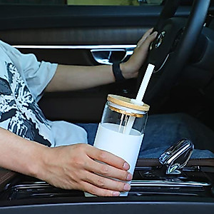 20oz Glass Water Tumbler with Silicone Protective Sleeve - Beer Can Shaped Glass Cups with Straw and Bamboo Lid, Iced Coffee Glasses, Cute Drinking Glasses for, Water Smoothie, Boba Tea, Gift - 1 Pack