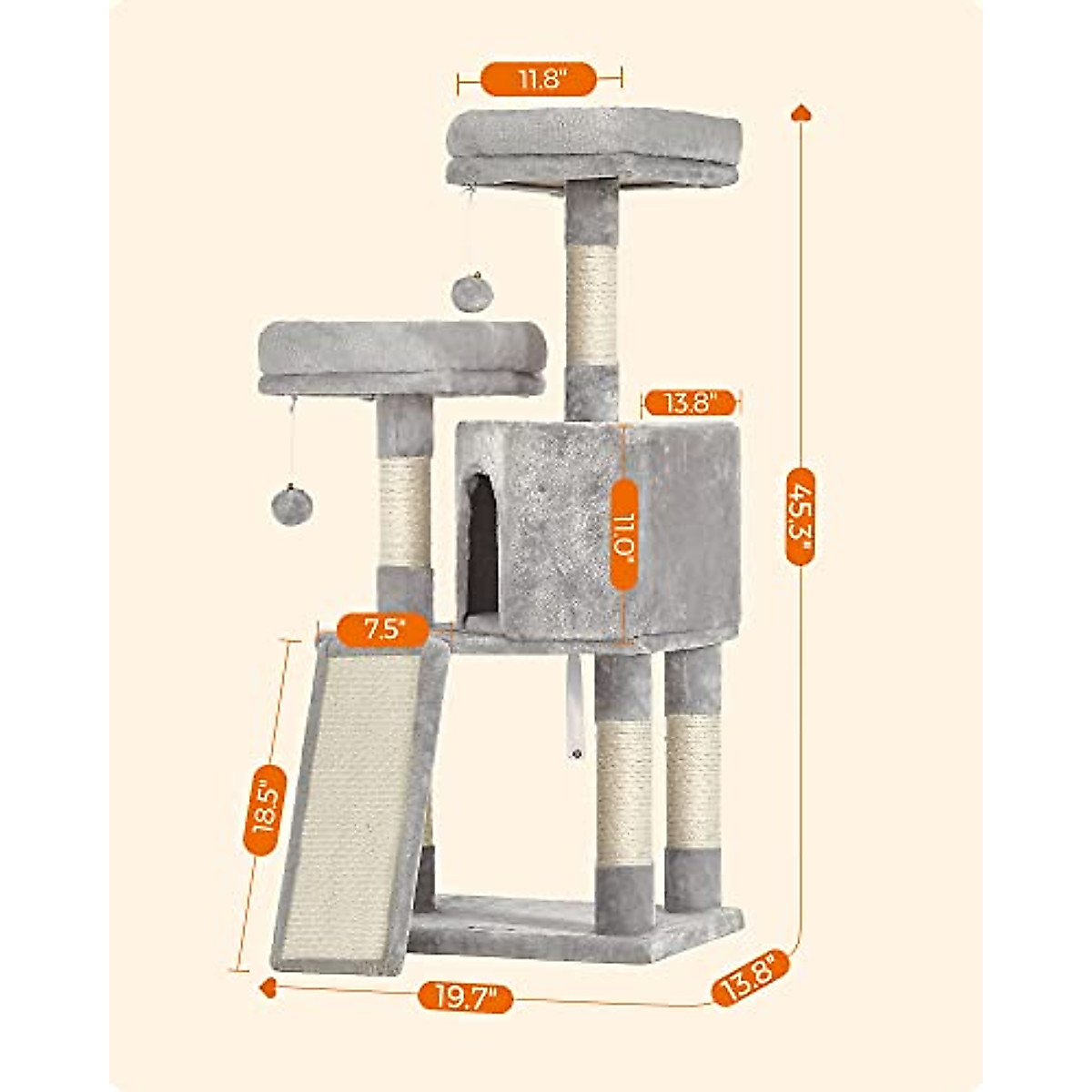Feandrea Cat Tower, Cat Tree for Indoor Cats, 45.3-Inch Cat Condo with Scratching Post, Ramp, Perch, Spacious Cat Cave, for Kittens, Elderly Cats, Adult Cats, Small Space, Light Gray UPCT141W01