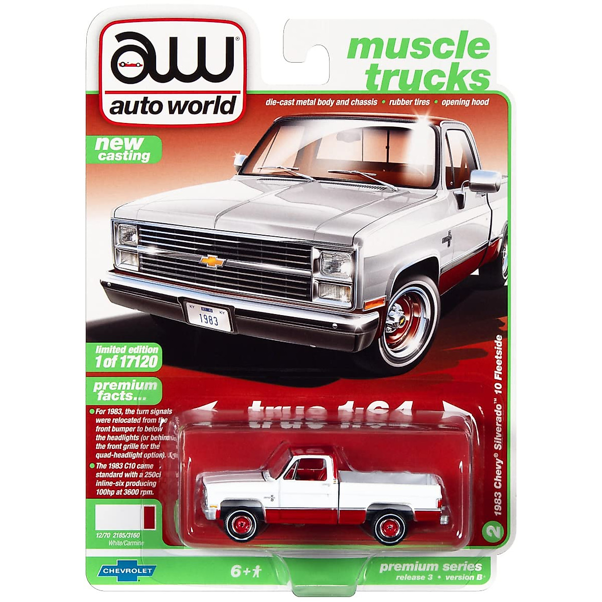 1983 Chevy Silverado 10 Fleetside Pickup Truck White & Carmine Red w/Red Interior Ltd Ed 17120 pcs 1/64 Diecast Model Car by Autoworld 64322-AWSP074 B