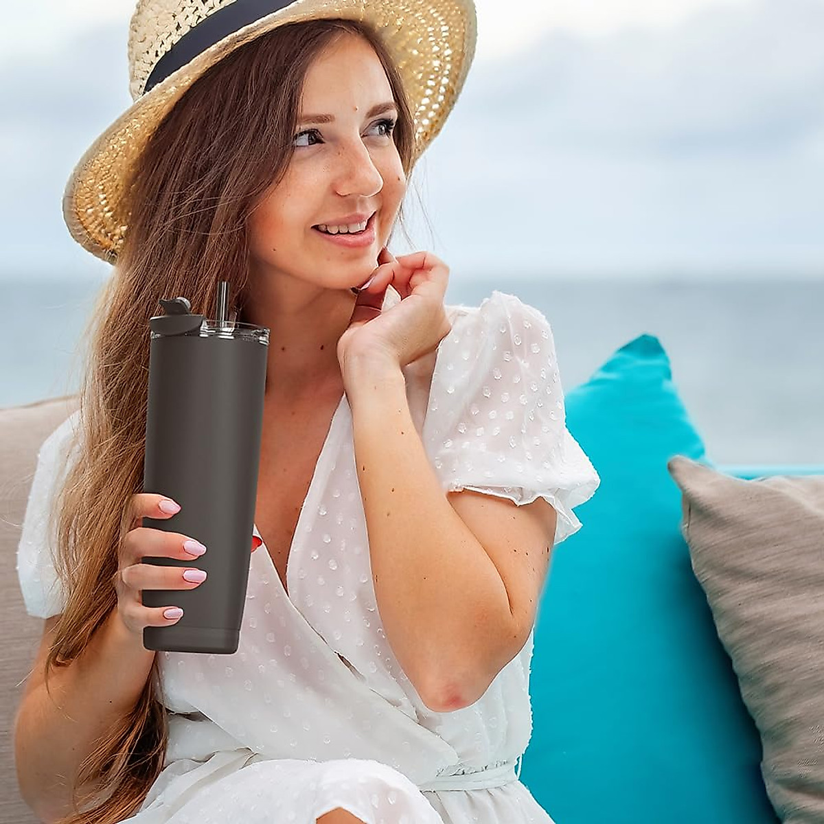 asobu Aqualina Stainless Steel Insulated Water Bottle with Interchangeable Hot and Cold Lid and Built in Straw (Black)