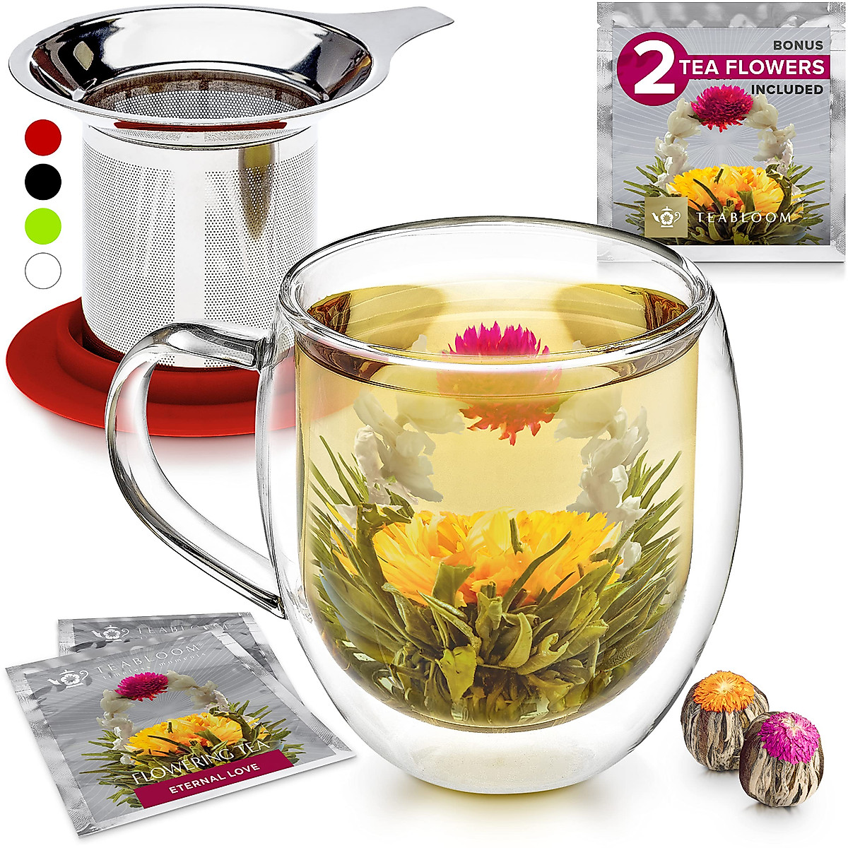 Teabloom Double-Wall Borosilicate Glass Mug with Stainless Steel Infuser and Lid – 15 OZ / 430 ML – 2 Gourmet Tea Flowers Included