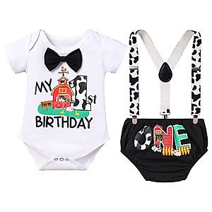 Baby Boys Farm Animals Themed 1st Birthday Cake Smash Outfit Bowtie Romper + Suspenders + Shorts Cow Boys Clothes Set, White - My 1st Birthday, 12-18 Months
