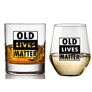 COOL AF Old Lives Matter Wine and Whiskey Glass Gift Set For Men and Women - His and Hers Gift for Anniversary, Birthday, Retirement - Great Gift for Married Couples Grandma and Grandpa, Dad and Mom