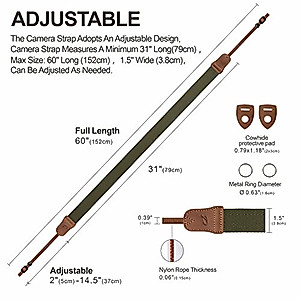 Army Green Camera Strap - Double Layer top-grain Cowhide Ends,1.5"Wide Pure Cotton Woven Camera Strap,Adjustable Universal Neck & Shoulder Strap for All DSLR Cameras,Great Gift for Photographers