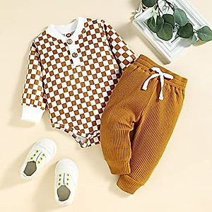 Aweyoo Baby Boy Winter Outfits 2 Piece Neutral Baby Clothes Long Sleeve Romper Checkerboard Bodysuit Top Pants Thanksgiving Baby Outfit