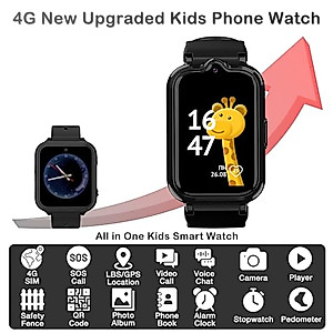 4G Smart Watch for Kids - Kids Smart Watch with GPS Tracker & Video Calling Kids Cell Phone Watch for Boys Aged 5-12 SIM Card SOS Call Voice Chat Camera Touch Screen GPS Tracker for Kids(Black)