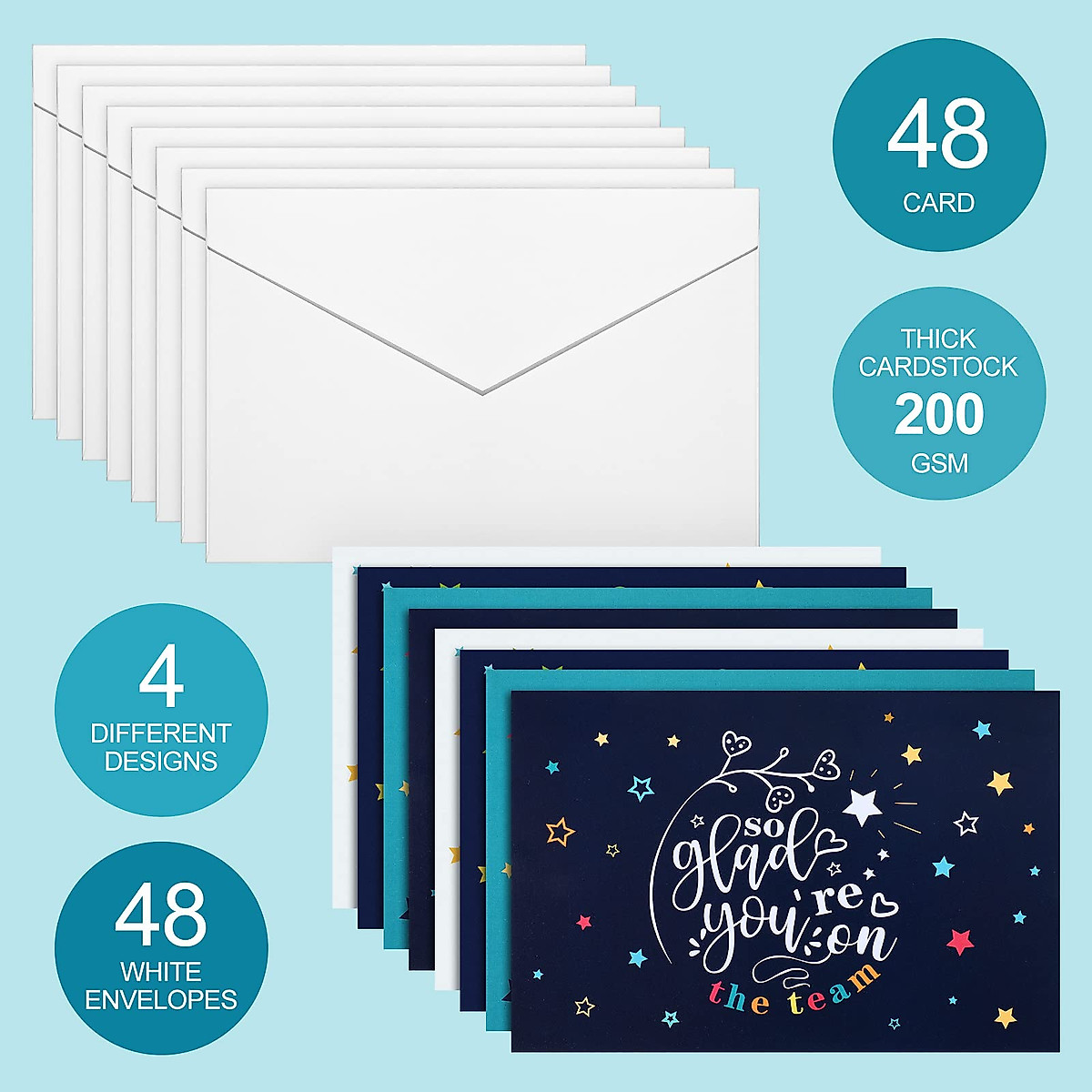 48 Pack Welcome to Team Cards Employee Appreciation Cards with 48 Envelopes So Glad You're on the Team Work Anniversary Cards Staff Thank You Cards for Recognition Gifts, 5.9 x 3.9Inch(Star Style)
