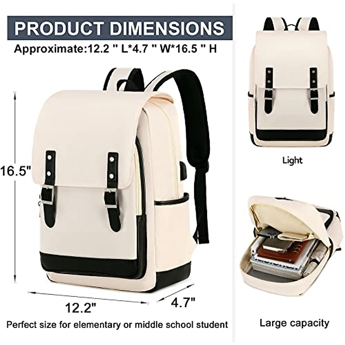 LEDAOU School Backpack for Teen Girls with Fanny Pack Laptop Backpacks 15.6 inch Daypack Women Bookbag School Bag for College Travel (Beige)