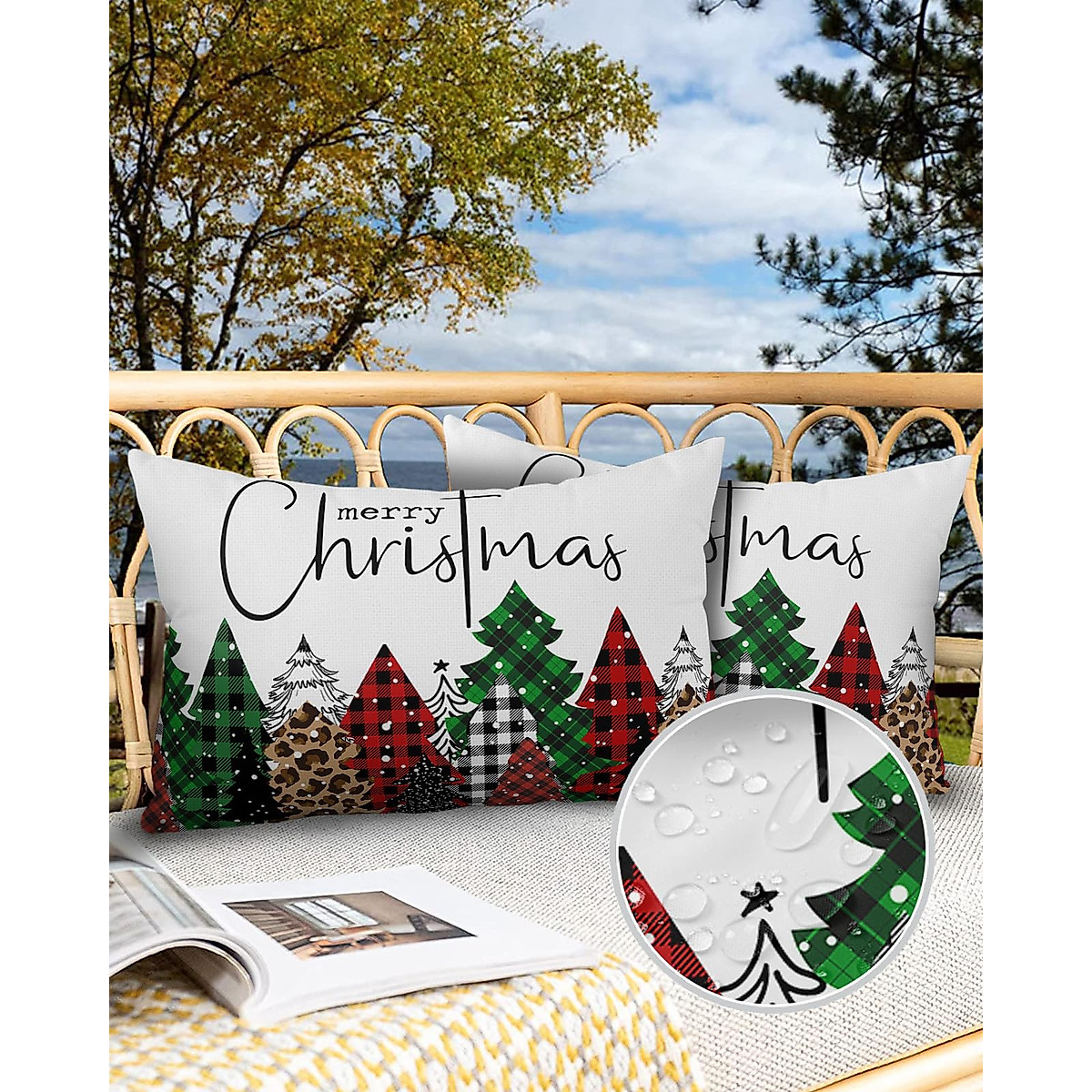 Edwiinsa Outdoor Pillow Covers Waterproof, Christmas All Weather Cushion Case Set of 2, Xmas Tree Leopard Check Winter Snowflake Lumbar Pillowcase for Sofa Couch Bed Decor Patio Furniture 20"x12"