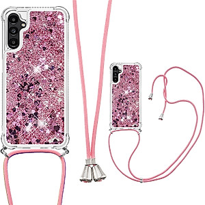 Ephoou Glitter Case for Samsung Galaxy A14 with Adjustable Lanyard Neck Strap, Sparkle Transparent Quicksand Waterfall Soft TPU Liquid Cover for Samsung Galaxy A14 4G/ 5G LSGS-Rose Gold