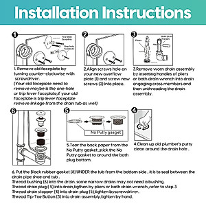 WRISIN Tub Drain Kit with Overflow, Tip-Toe Bath Tub Drain and Two-Hole Overflow Cover Plate, Universal Fit, Chrome