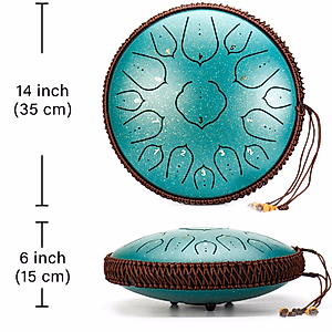 Green 15 Notes 14 Inches Steel Tongue Drum | Wide Range Steel Drum with Carrying Bag & Mallets | Tank Drum for Healing | Random Color | Ideal for Stress Relief and Meditation, Gift Idea