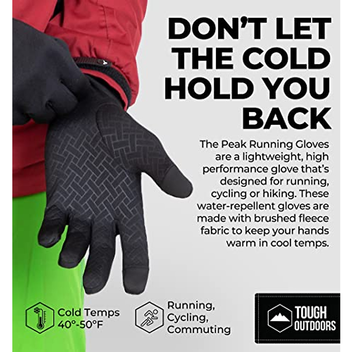 Tough Outdoors Running Gloves with Touch Screen - Black Winter Glove Liners for Texting, Cycling, Driving for Men & Women - Thin, Lightweight & Warm Cold Weather Thermal Sports Gloves