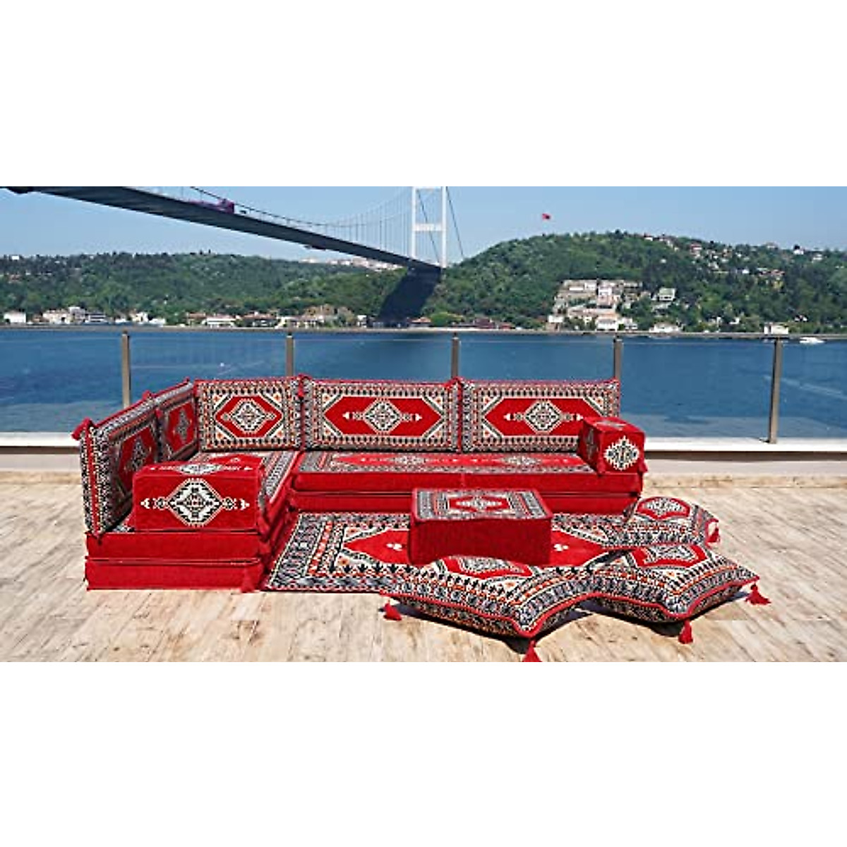 Red Corner Sofa Seating Set, L Shaped Arabic Sofa Set, Oriental Floor Seating, Living Room Sofa, Sofa Slipcovers, Patio Sofa (L Sofa + Rug + Poufs)