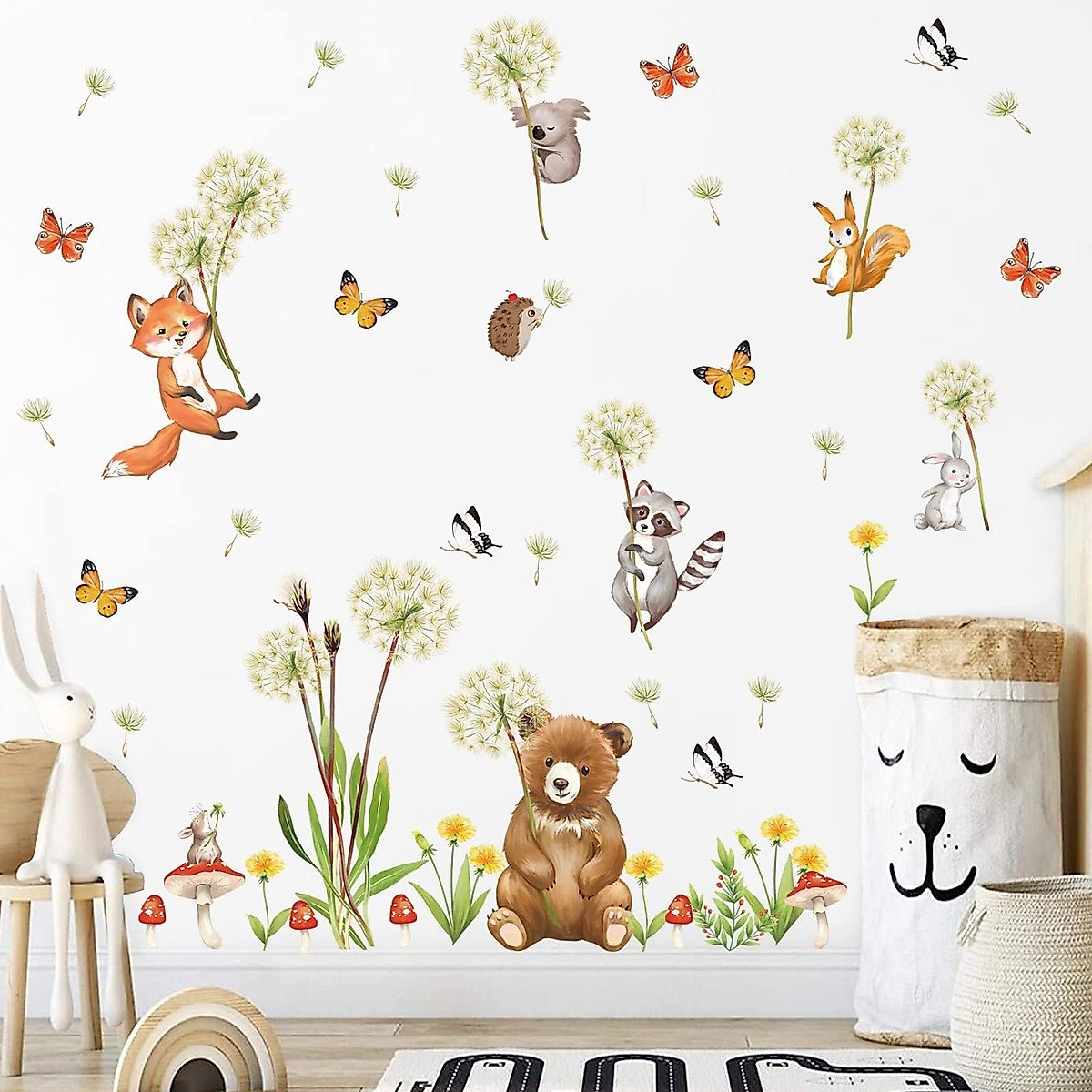 wondever Animals Dandelion Wall Stickers Bear Koala Fox Peel and Stick Wall Art Decals for Baby Nursery Kids Bedroom TV Wall