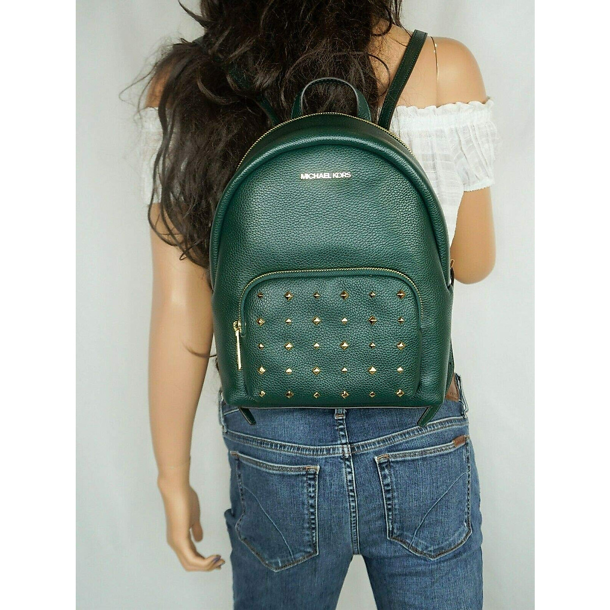 MICHAEL KORS ERIN MEDIUM BACKPACK PEBBLED LEATHER RACING GREEN STUDS