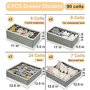 8 Pack Dresser Drawer Organizer Clothes, Foldable Underwear Drawer Organizer Bins, 90 Cells Fabric Closet Cloth Storage Box Drawer Dividers for Socks, Ties, Bras, Baby Clothes, Nursery, Clothing