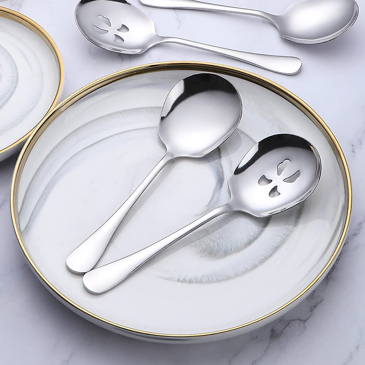 Meiishaaa Meisha Serving Spoons Set, 3 Serving Spoons and 3 Slotted Serving Spoons, Silver Stainless Steel Serving Utensils for Buffet Can Banquet Cooking Kitchen - Mirror Polished