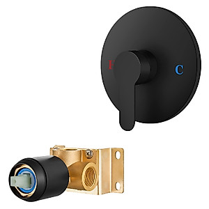 Airuida Matte Black Shower Valve Round Single-Function Shower Handle Valve Trim Kit Shower Valves Wall Mount Shower Rough-In Valve Bathroom Trim Kit Single Handle Shower Valve Mixer Female Thread