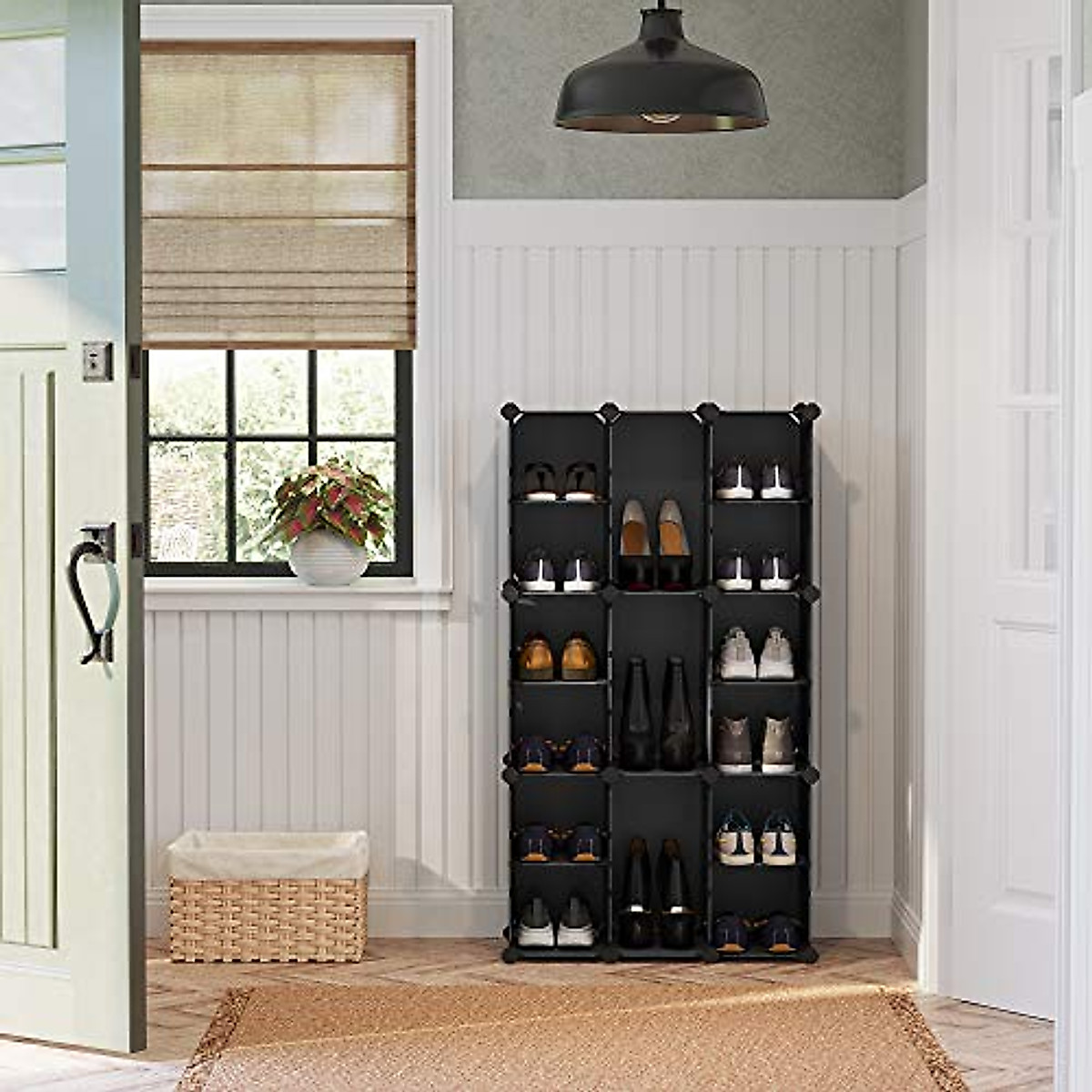 SONGMICS Shoe Rack, Interlocking Storage Organizer Unit, 20-Slot Rectangular Cube Storage with Hooks, Adjustable Shelves, Modular Cabinet, for Closet Entryway Hallway, Black ULPC504B01