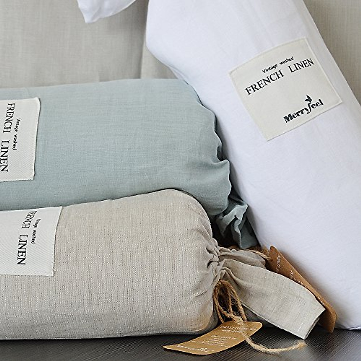 Merryfeel Linen Sheet Set Queen, Luxurious 100% French Linen Bed Sheets Deep Pocket Sheets, 4 Pieces Breathable Bedding Set, Washed French Linen Sheet- Grey