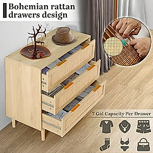HOPUBUY 3 Drawer Dresser for Bedroom, Rattan Modern Closet Dressers Chest of Drawers, Wood Oak Storage Chest for Kids Bedroom, Hallway, Living Room