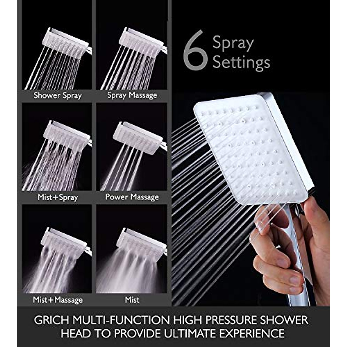 GRICH High Pressure Shower Head with Handheld, 6 Spray Modes/Settings Detachable Shower Head with Stretchable 59" 304 Stainless Steel Hose and Multi Angle Adjustable Shower Bracket