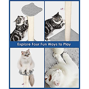 SEIOHW Cat Scratching Post, 32" Scratch Post with Sisal Rope, Tall Cat Scratcher with Bell Mouse Toy & Cat Head Perch, Scratching Post for Indoor Cats (Light Grey)