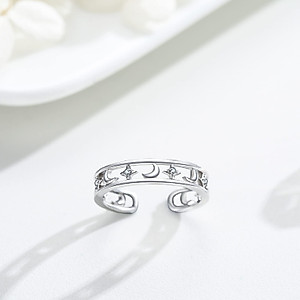 TUGHRA Moon Star Rings Dainty CZ Ring Gift for Her 925 Sterling Silver Open Adjustable Statement Rings Jewelry Gift for Women Teen Wife Birthday Present 8#