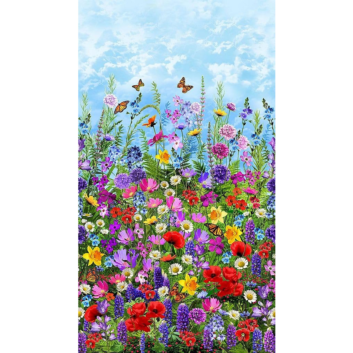 24" X 44" Panel Wild Floral Wildflowers Butterflies Poppies Field Spring Cotton Fabric Panel (PANEL-CD2432-MULTI)