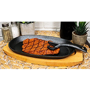 Ebros Personal Sized 9.5"Lx5.5"W Cast Iron Sizzling Fajita Skillet Japanese Steak Plate With Handle and Wooden Base For Restaurant Home Kitchen Cooking Accessory For Pan Grilling Meats Seafood