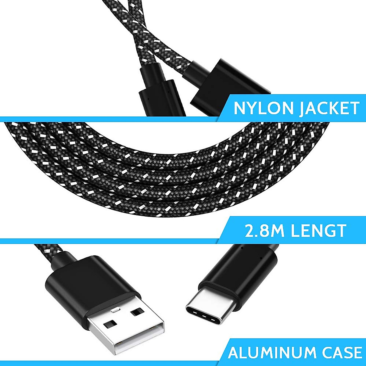 LEDLightsWorld 9.2ft USB Type-C Charging Cable, 5V 2A for PS5 Controller, Xbox Series X/S, Galaxy S9/S9 Plus/S8/S8 Plus, etc