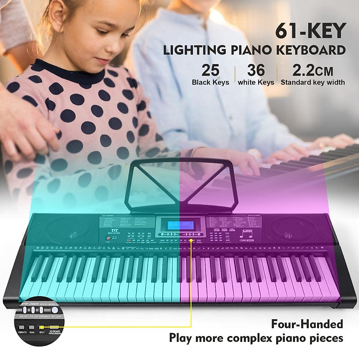 MUSTAR Piano Keyboard, 61 Key Keyboard Piano with Light Up Keys, Electric Piano Portable Piano Keyboard for Beginners with Stand, Sustain Pedal, Headphones, Microphone