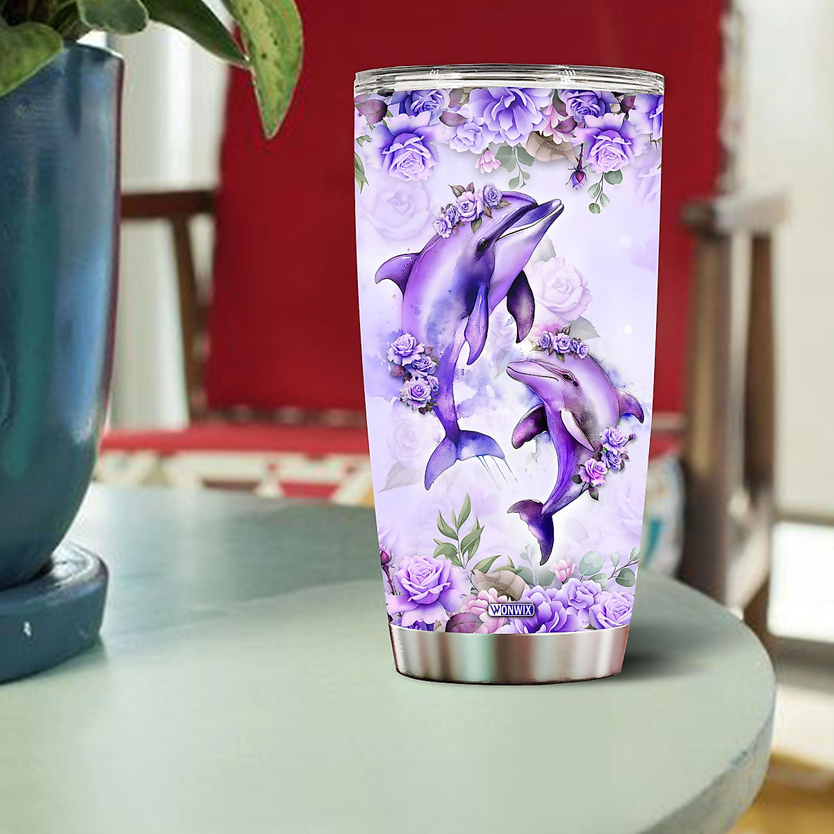 WONWIX Personalized Dolphin Tumbler Customized Name Dolphins Coffee Mug Gifts For Women Girls Custom Water Bottle Mugs 20oz Gift For Adults Christmas Birthday Insulated Stainless Steel Cup With Lid