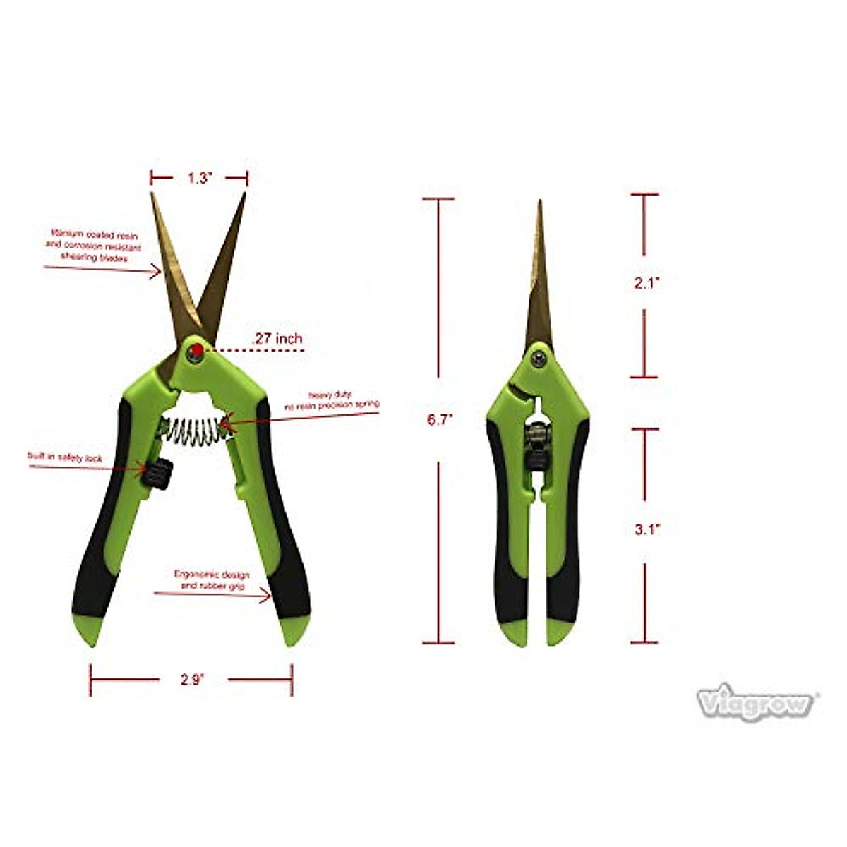 Viagrow Pruning Shear with Titanium Coated Straight Precision Blades, Hand Pruner for Gardening, Green, 3-Pack