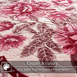 JYK Heavy Korean Mink Fleece Blanket, 5 LB - 2 Ply Reversible 520GSM Silky Soft Plush Warm Blanket for Autumn Winter (Queen, Flower/Burgundy)