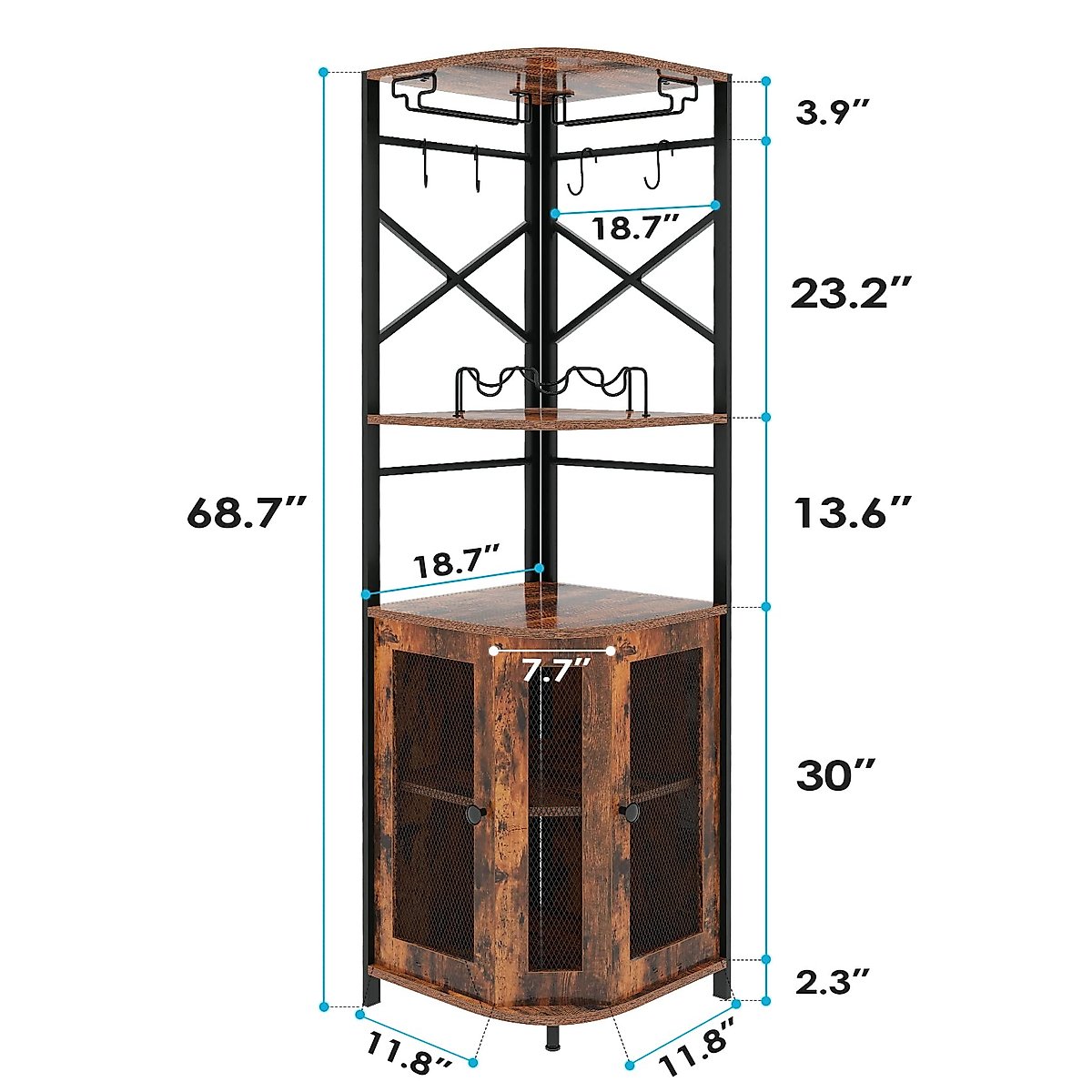 Osfvolr Bar Cabinet w/Wine Rack and Glass Holder, Corner Cabinet with Mesh Door, Corner Bar Cabinet with Adjustable Shelf, Liquor Cabinet Bar for Home, Rustic Brown