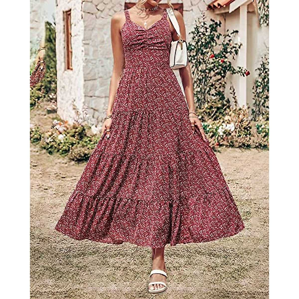 BTFBM Women Sleeveless V Neck Summer Maxi Dresses 2023 Print Backless Strap Tie Back Beach Party Pleated Long Boho Dress(Floral Wine Red, Large)
