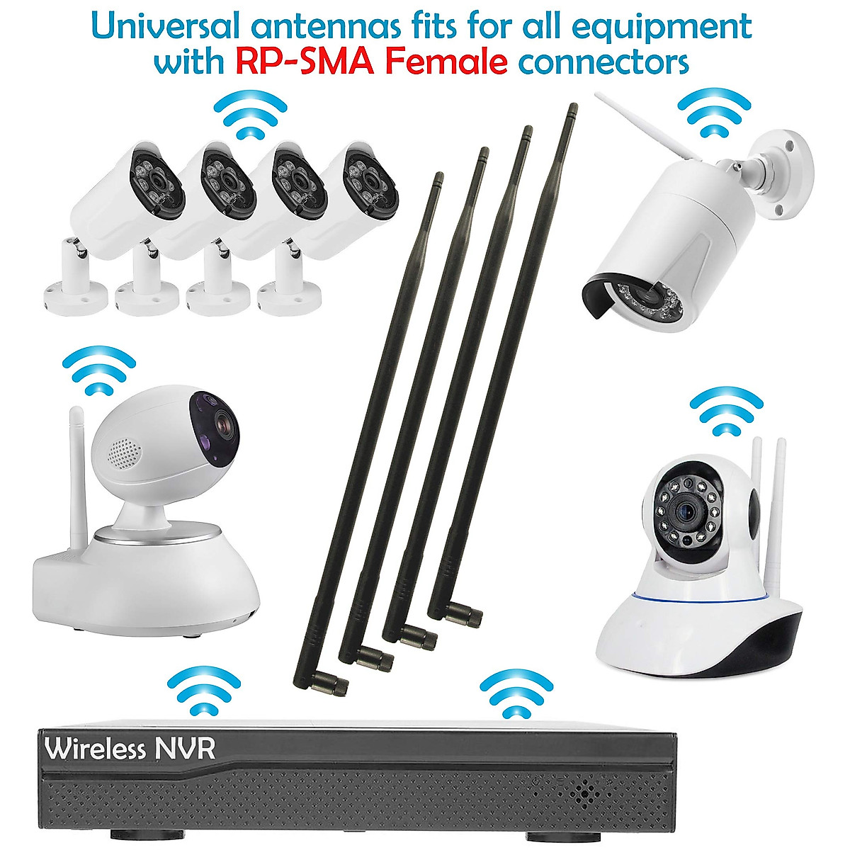 4 pcs of Universal 9dBi Wi-Fi 2.4/5GHz Dual-Band RP-SMA Male Antennas Extension for IP Wireless Security Camera Router and CCTV HD Wireless Camera System Video Antenna for NVR Security IP System