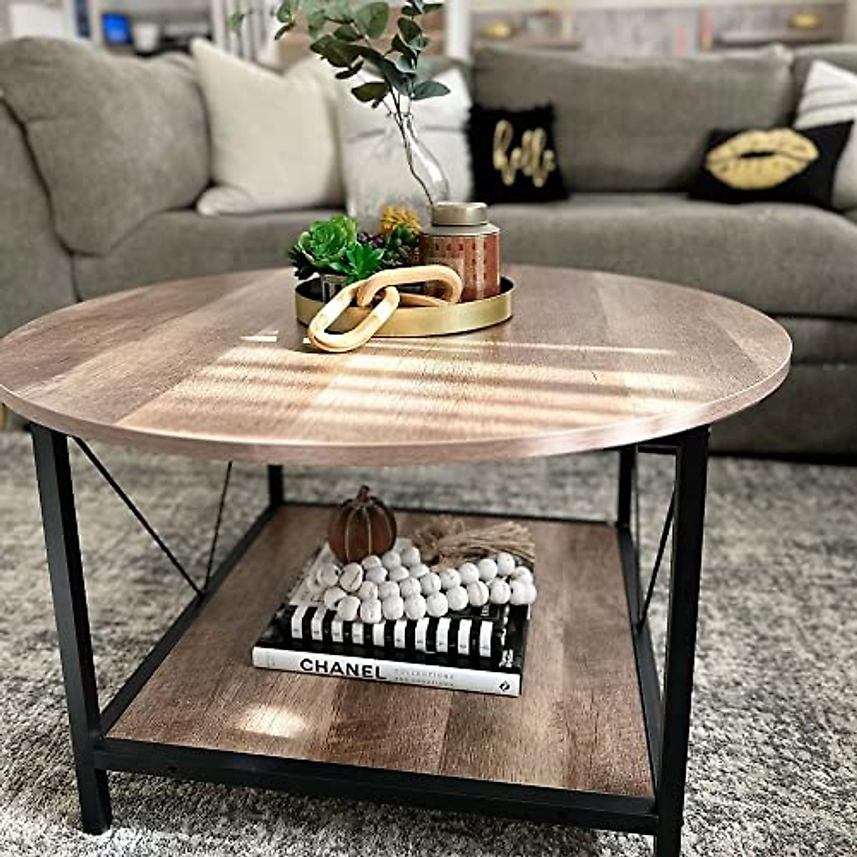 YITAHOME Round Coffee Table,Wood Coffee Table for Living Room,2-Tier Rustic Farmhouse Circle Coffee Table with Sturdy Metal Legs Storage Shelf,Grey Wash
