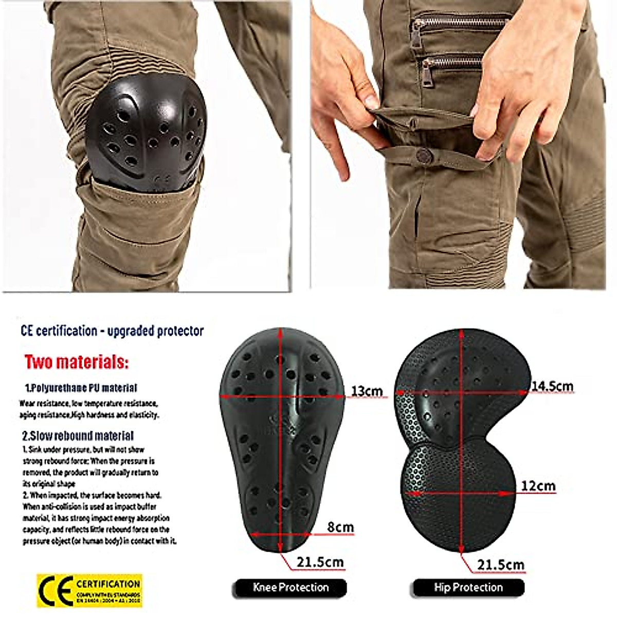 LOMENG Motorcycle Riding Pants Motorbike Motocross Cycling Jeans Safety CE Knee Hip Removable Armored All Seasons for Men Khaki 30